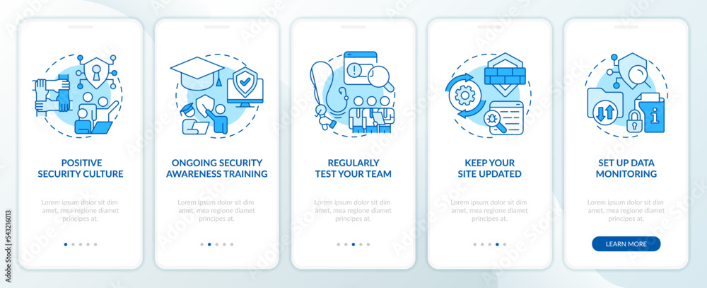 Business Cybersecurity Tips Blue Onboarding Mobile App Screen Safety Walkthrough 5 Steps