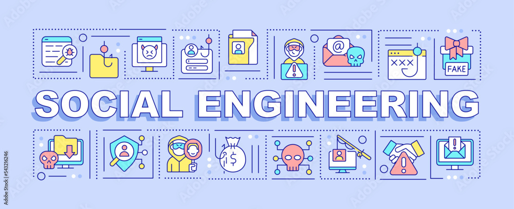 Social engineering word concepts blue banner. Cybercrime attacks. Infographics with editable ...