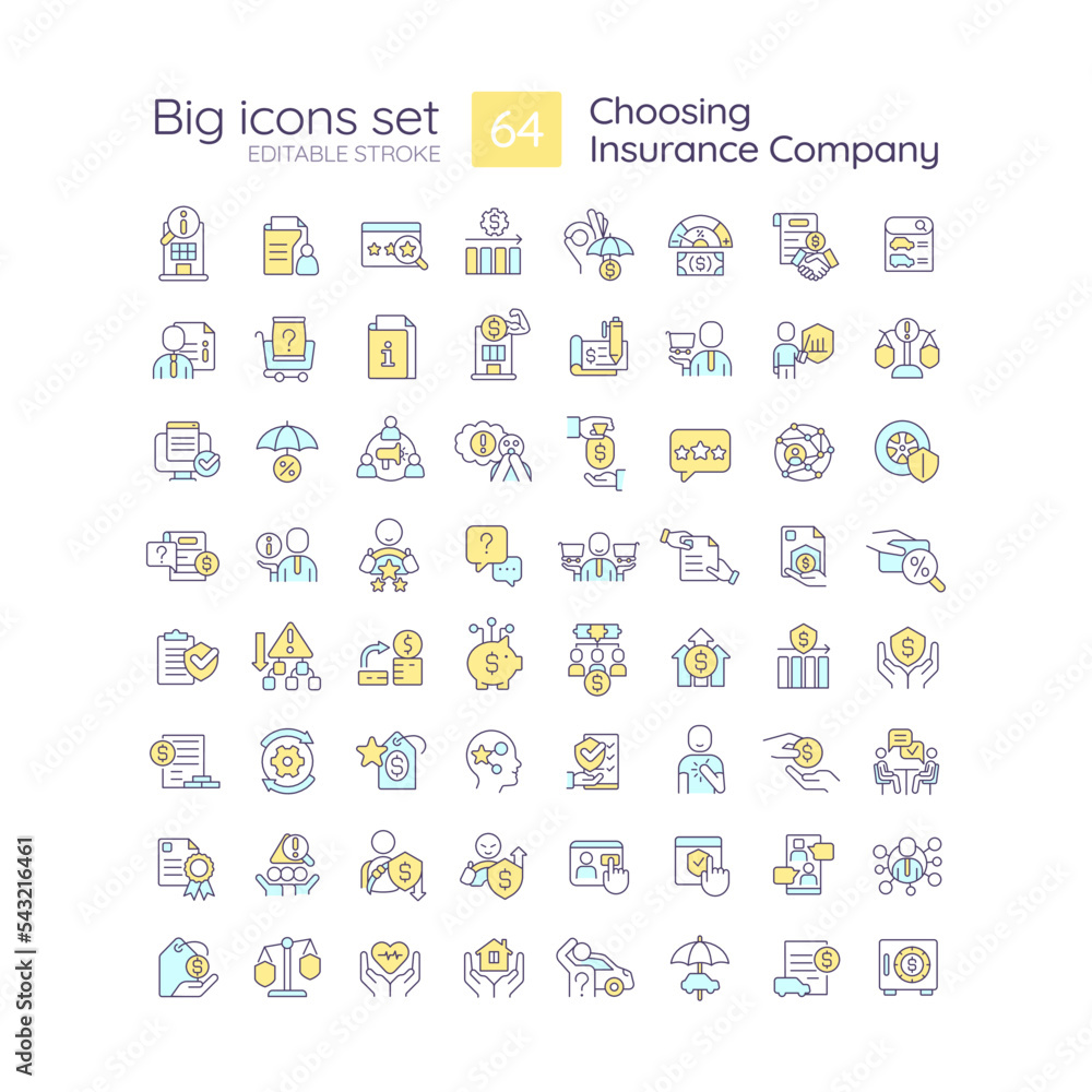 Choosing insurance company RGB color icons set. Policyholders benefits ...