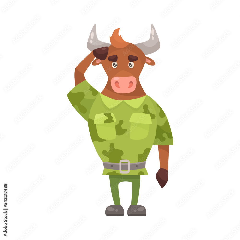 Cute bull character in camouflage cartoon illustration. Serious animal ...