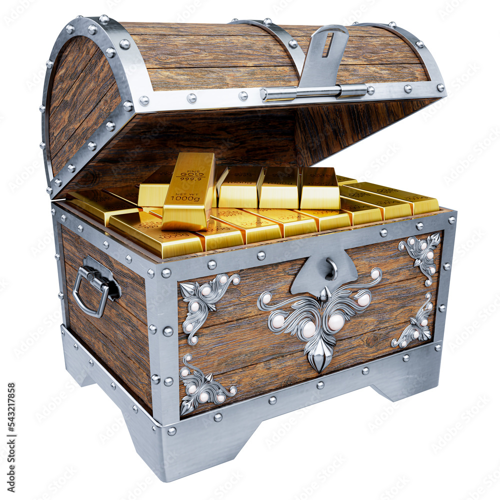 Gold bars or ingots are placed in a treasure chest. Box is made of old ...