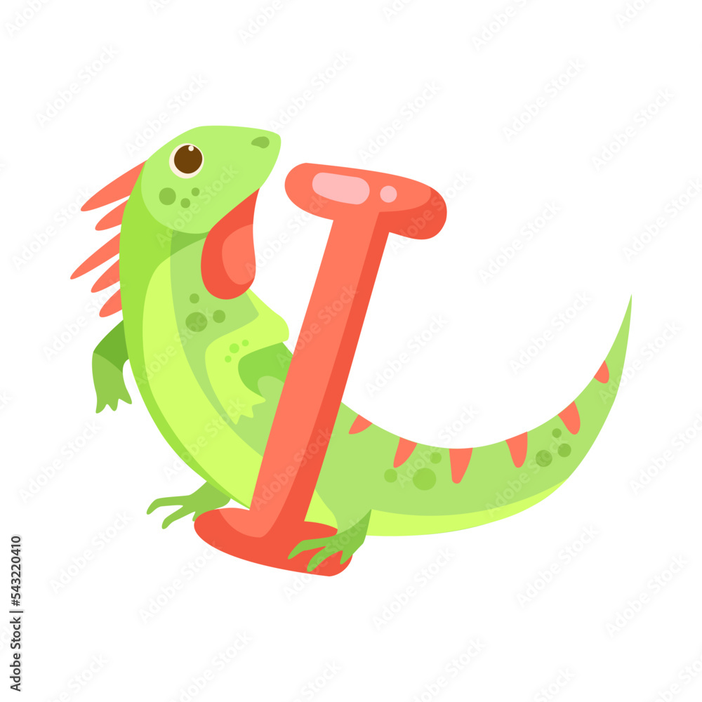 Iguana character with alphabet letter i vector illustration. Cute comic ...