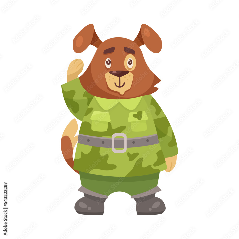 Cute dog cartoon character in camouflage cartoon illustration. Serious ...