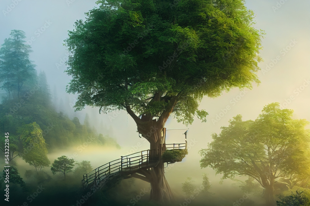 Tree house in the forest background Stock Illustration | Adobe Stock