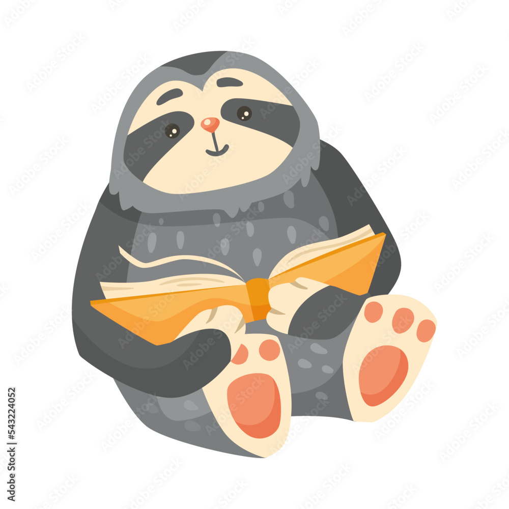 Cute sloth cartoon character reading vector illustration. Drawing of ...