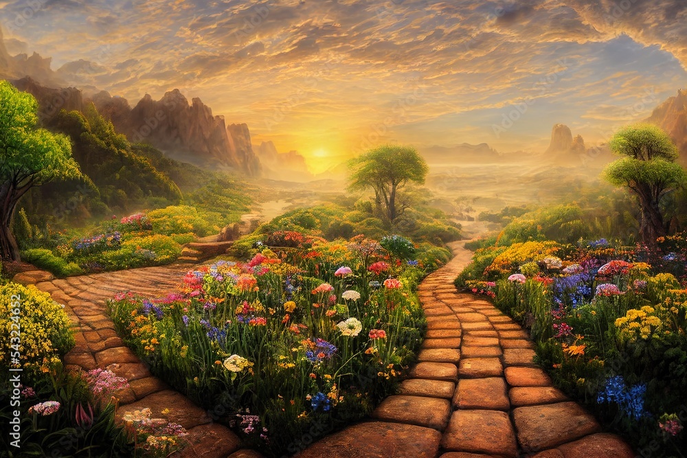 Sunset in the Garden of Eden landscape with flowers and yellow brick ...