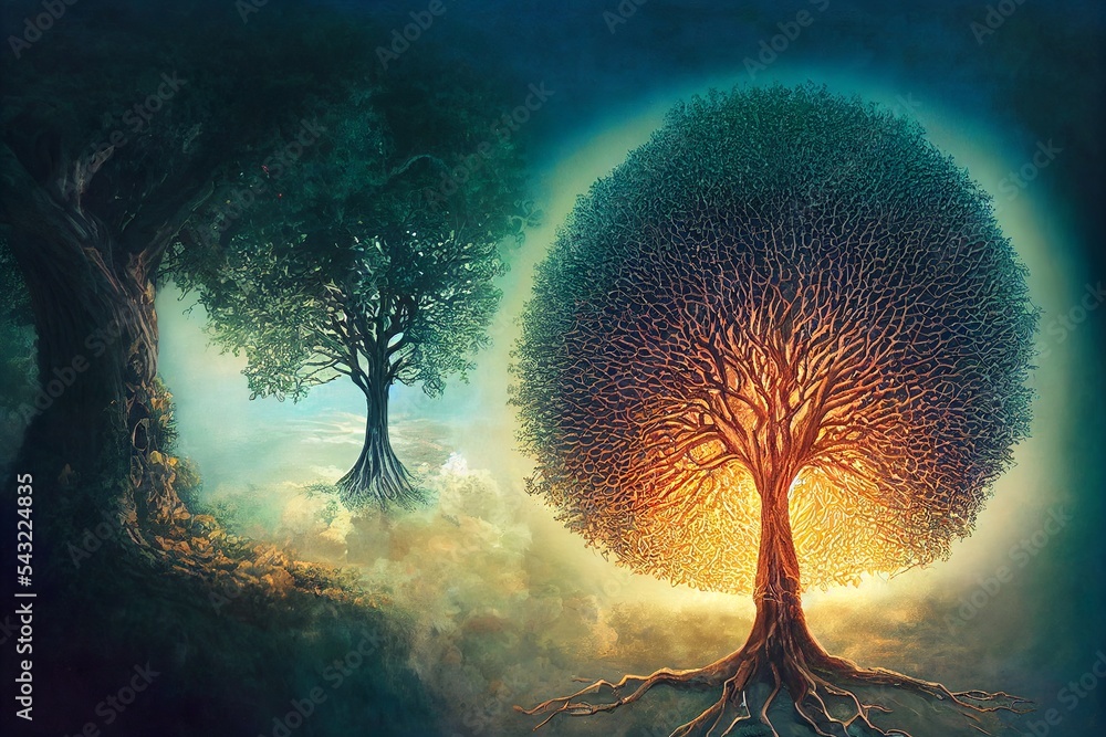 Tree of life in the Garden of Eden surreal fantasy concept art Stock ...