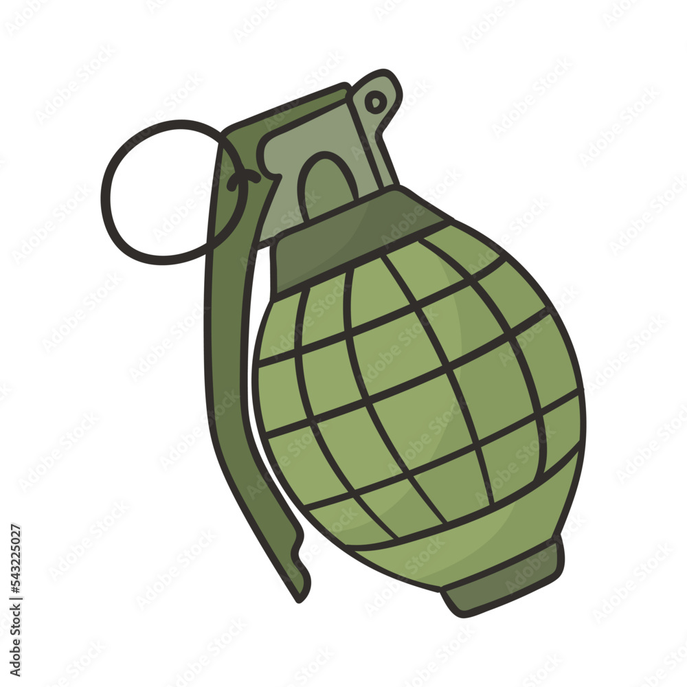 Green grenade doodle cartoon illustration. Explosive weapon. Army ...