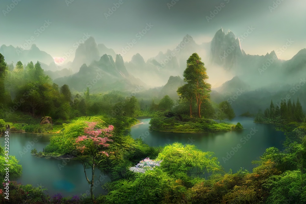 Garden of Eden landscape with a pine tree in an island, misty mountains ...
