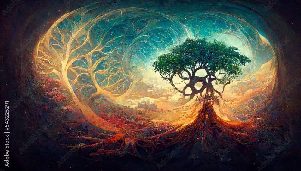 Tree of life in the Garden of Eden fantasy landscape concept art Stock ...