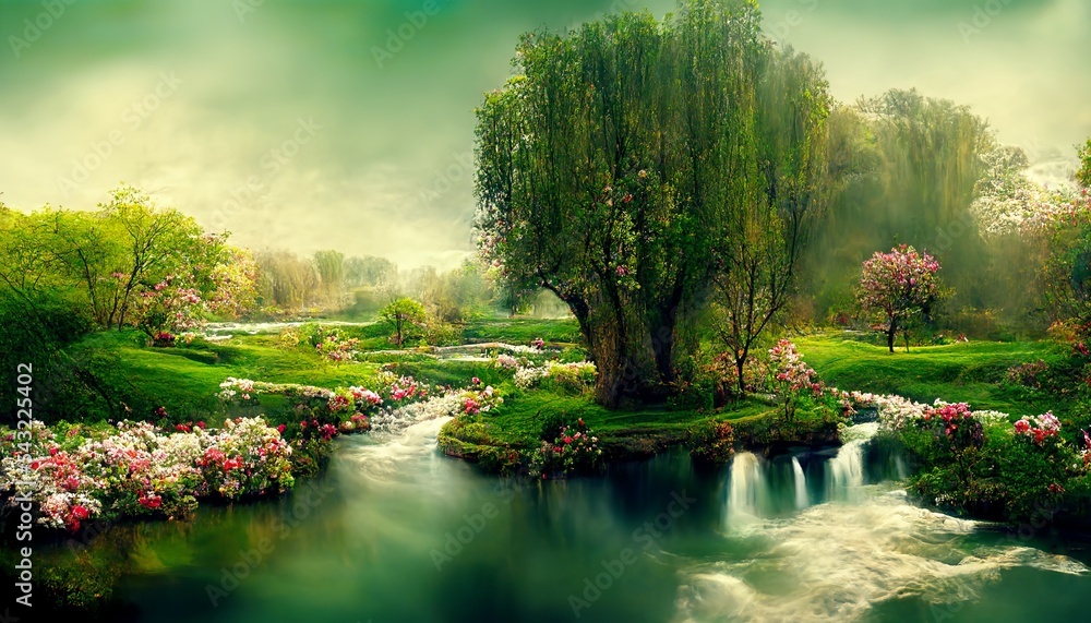 Garden of Eden landscape with flowers and misty mountains and the tree ...