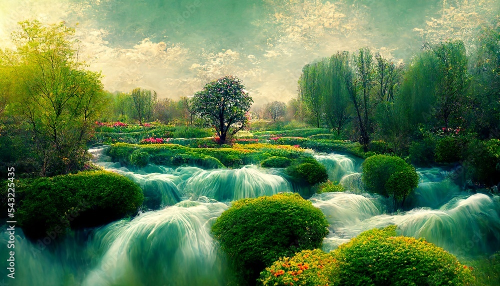 Garden of Eden landscape with flowers and misty mountains and ...