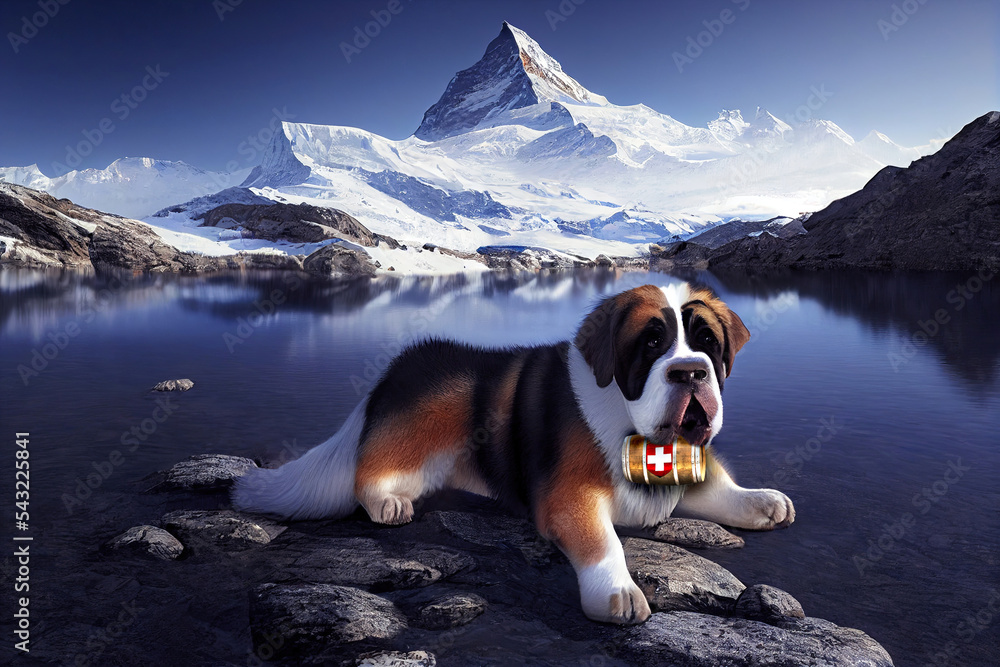 Illustrazione Stock Saint Bernard rescue dog with a keg of brandy in a ...