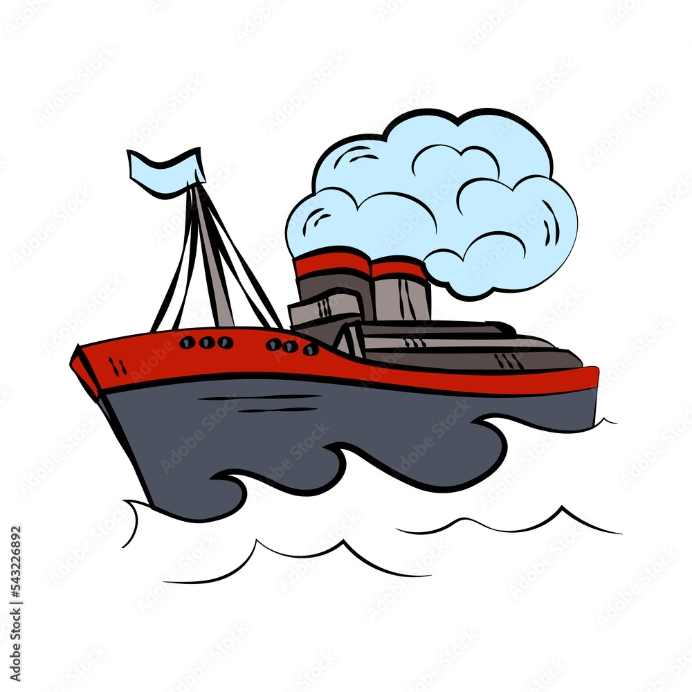 Comic book of warship on water cartoon illustration. Battle ship with ...