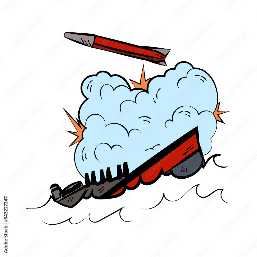 Comic book of ship attacked by missiles cartoon illustration. Warship ...