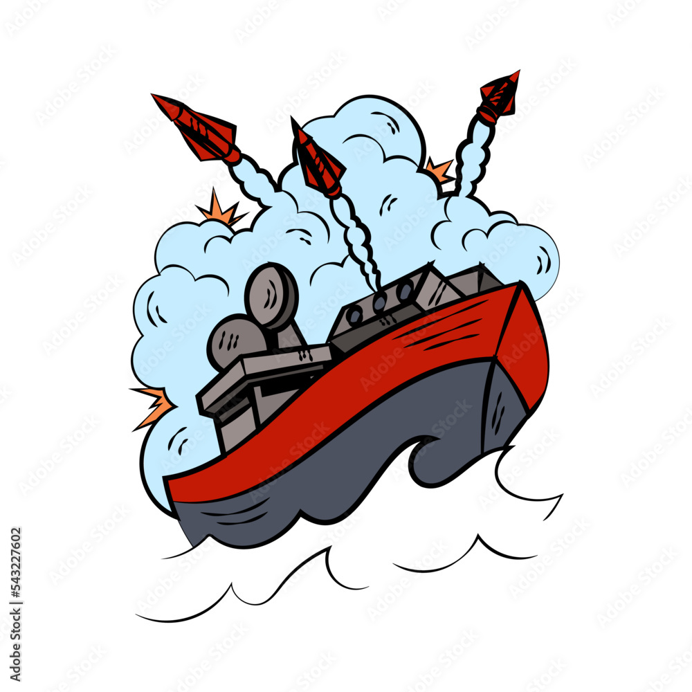 Comic book of warship in battle cartoon illustration. Ship or boat ...