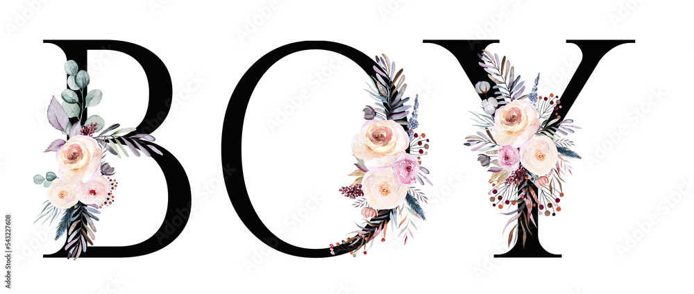 Word BOY, black letters with Watercolor pastel winter flowers and ...