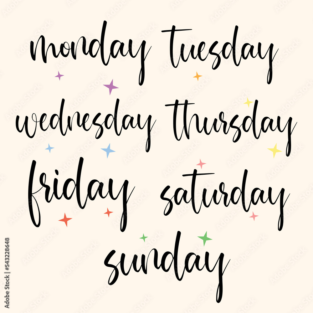 Poster Days of the Week Handwritten Black Lettering Calligraphy with ...
