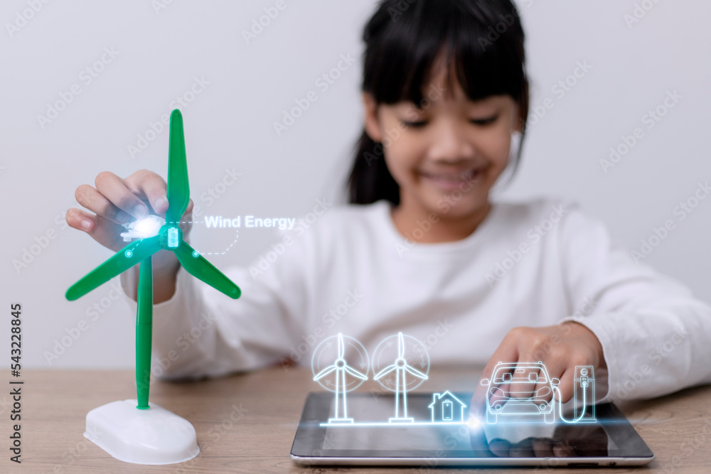 Asian little girl Works with Wind Turbine Prototype virturl, Learning ...