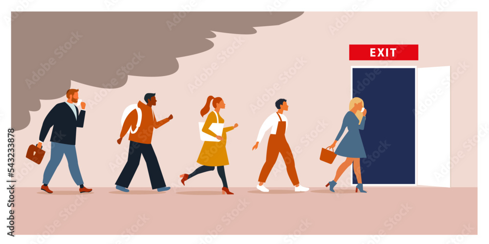Office workers evacuation from building flat color vector illustration ...