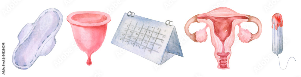 Feminine hygiene set. Hand-drawn cartoon collection of monthly period ...