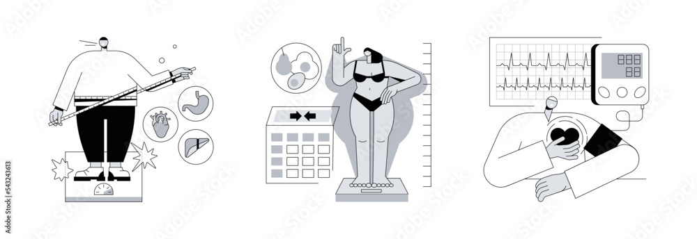 Obese people abstract concept vector illustration set. Obesity health ...