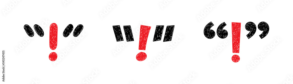 hand drawn quotation mark and exclamation point set. three-step double ...