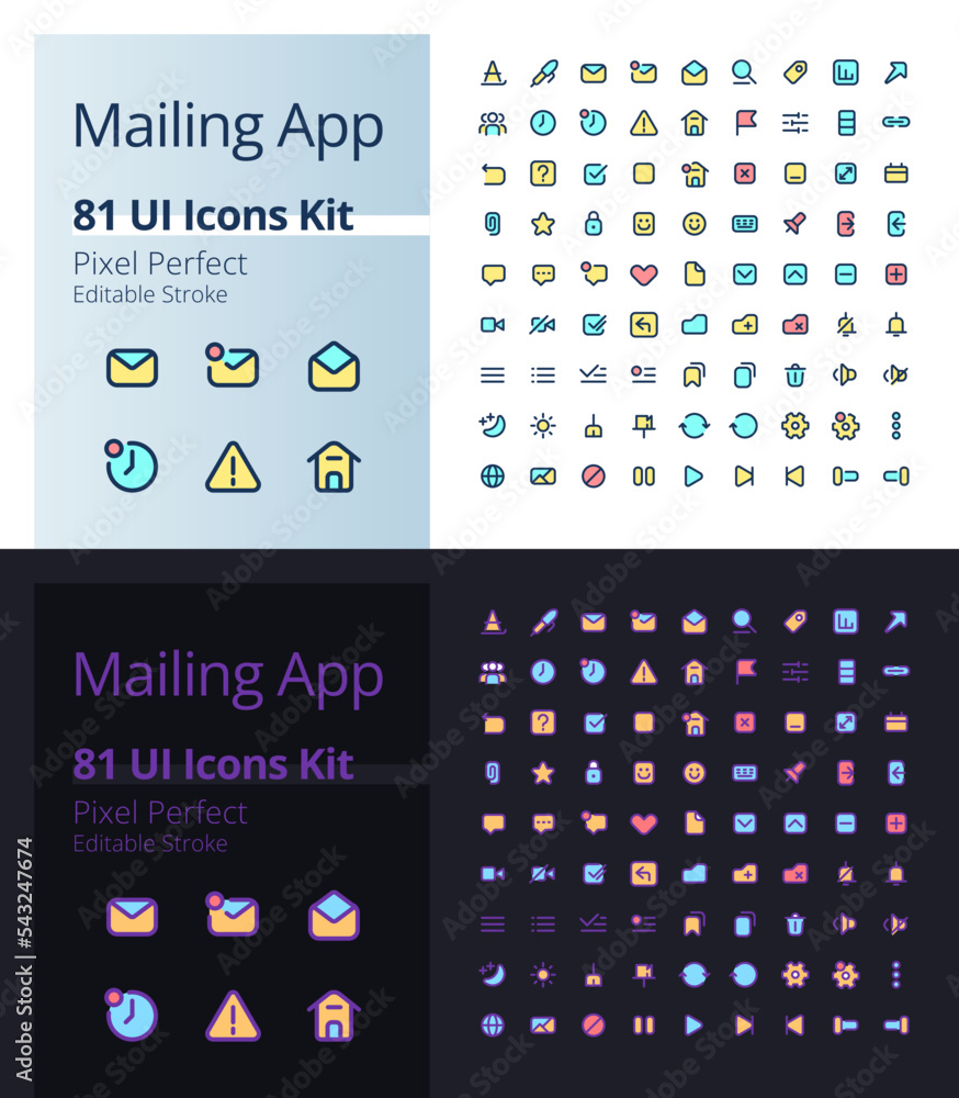 Vecteur Stock Mailing app pixel perfect RGB color ui icons kit for dark, light mode ...