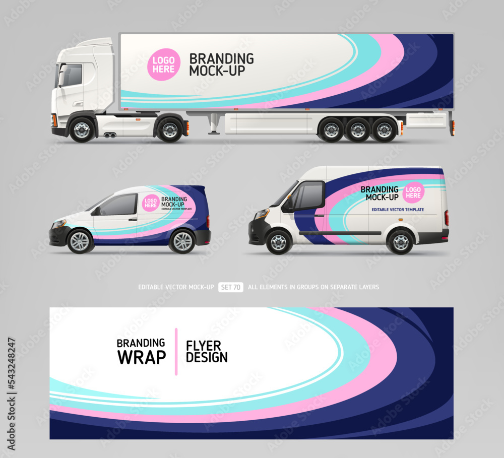 Realistic Van, Company Car, Truck vector mockup set with wrap design for branding and corporate ...
