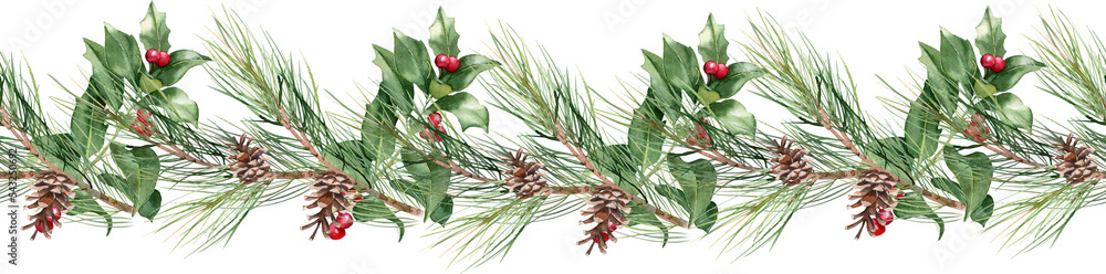 Christmas decorative seamless border. Watercolor banner. Poinsettia ...