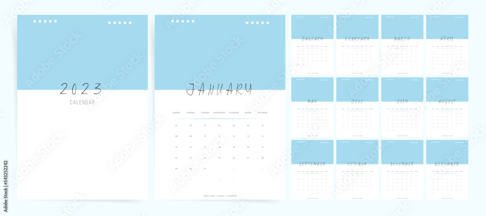 Calendar 2023. Week starts Sunday. Minimal cute design template vector ...