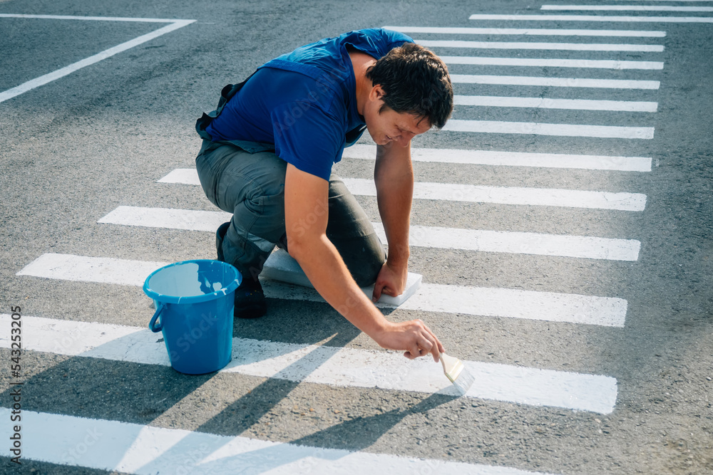 Road service worker paints striped pedestrian crossing on asphalt with ...
