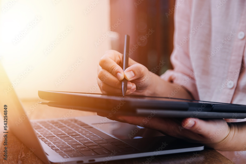 businesswoman hand working with laptop computer, tablet and smart phone ...