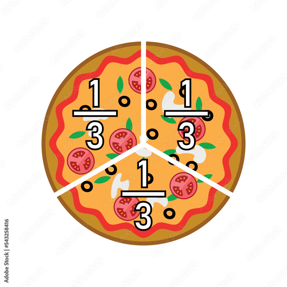 Three thirds pizza fractions. Fraction for kids. Pizza slices. Fraction ...