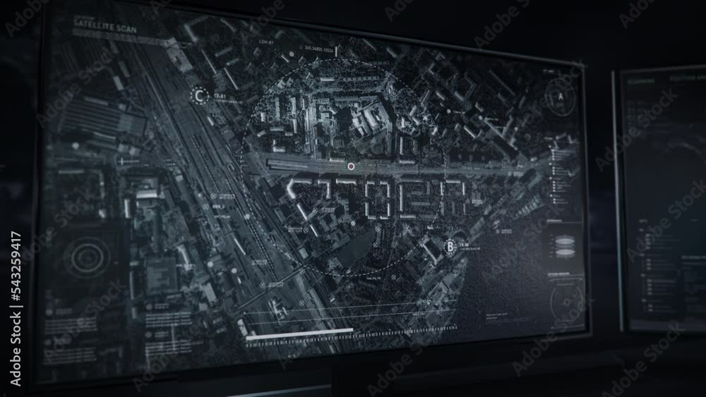 Radar software is investigating the area of the town using a satellite ...