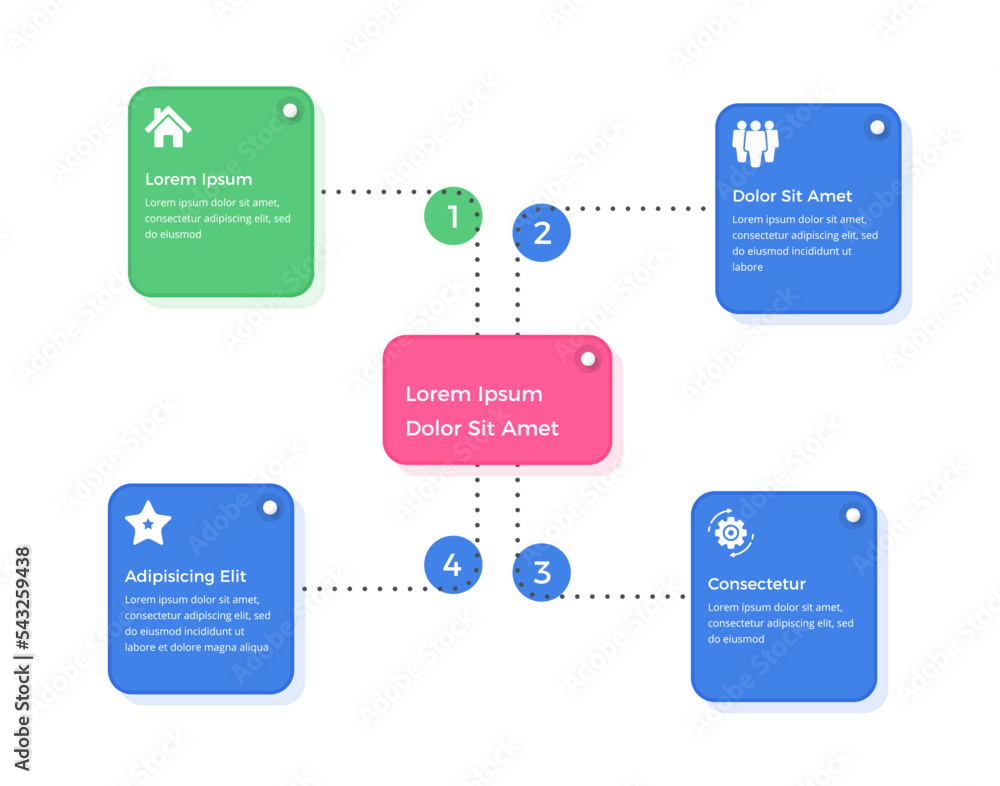 Flowchart with 4 elements with numbers and icons, infographic template ...