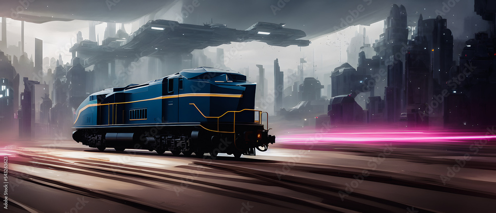 Artistic concept illustration of a futuristic train, background ...