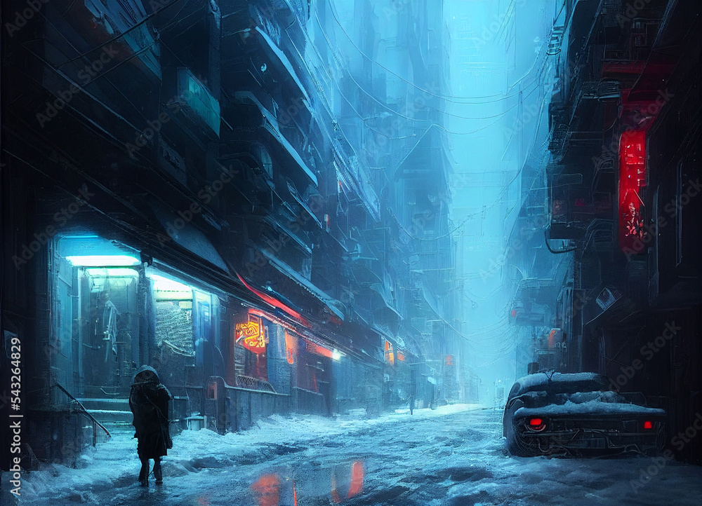 cyberpunk post-apocalyptic dystopian winter city , narrow street, neon ...