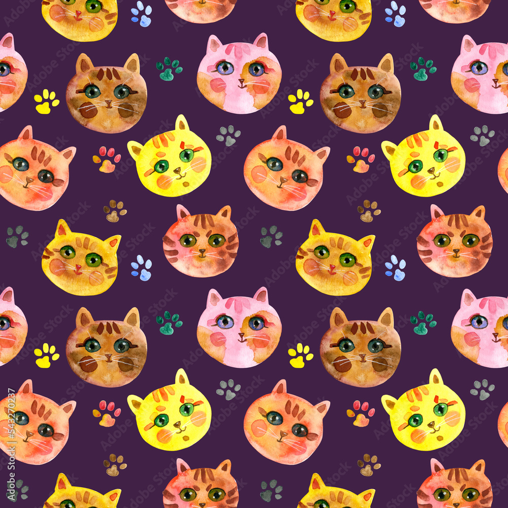 Seamless pattern of Cartoon faces of cats on a purple background. Cute ...