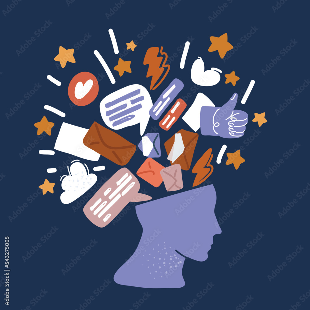 Vector illustraiton of head with chat bubble brain of social media app ...