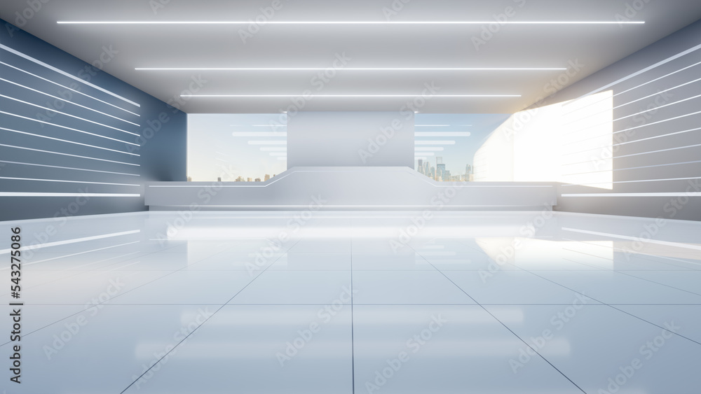 3d rendering of empty space inside futuristic showroom, spaceship, hall ...