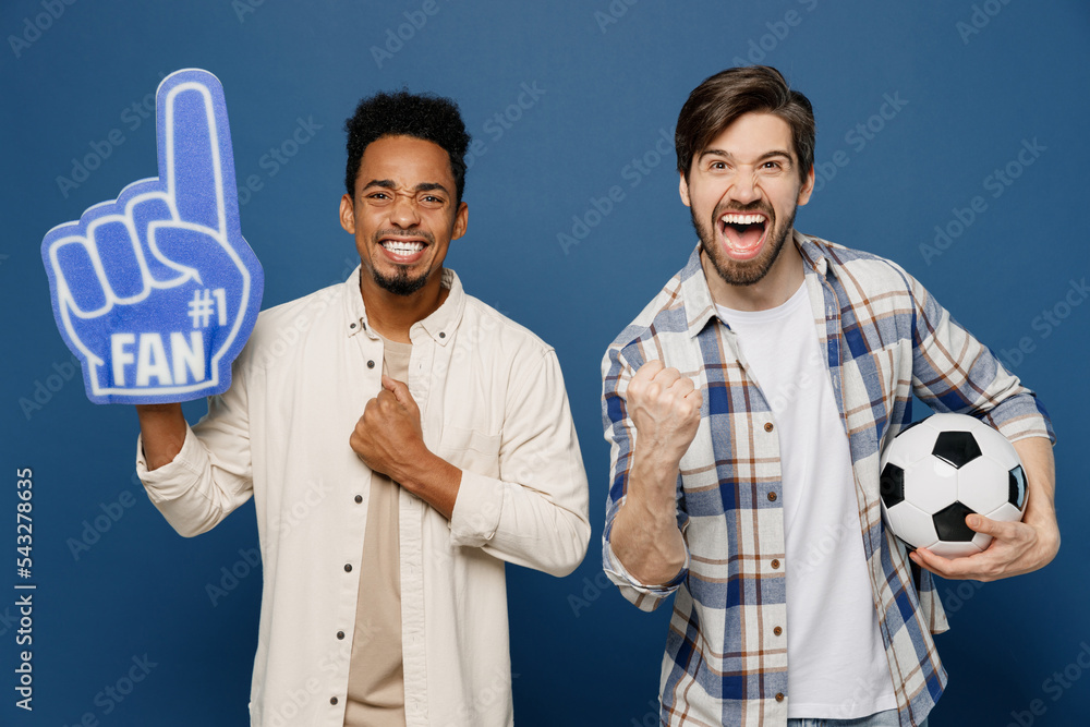 Young two fan friends cool men wear white shirt foam glove finger up ...