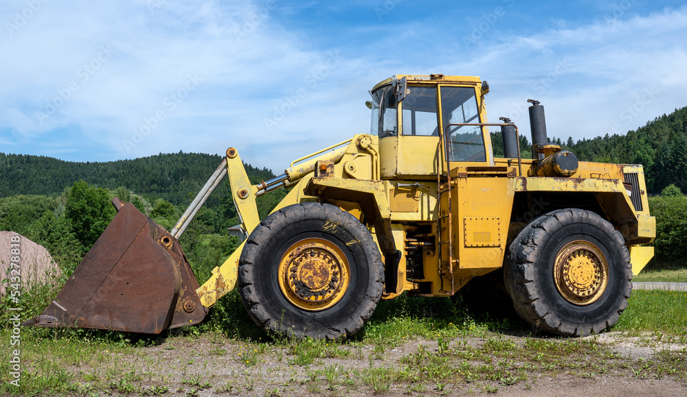 Großer alter gelber Radlader in Seitenansicht, abgestellt in grüner ...