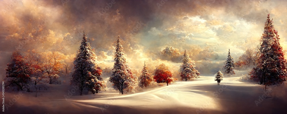 illustration of a winter christmas scene landscape for a banner or ...