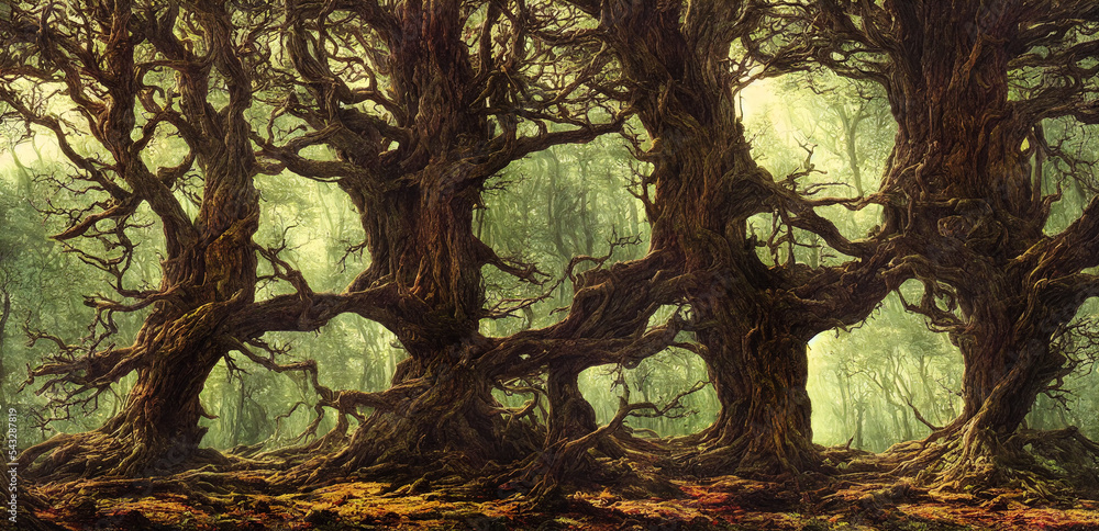 Magic fairytale fantasy painting of magic dense forest with old trees ...
