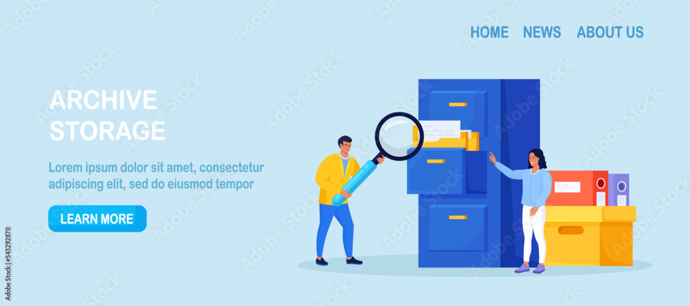 People taking documents from archive, using magnifying glass and ...