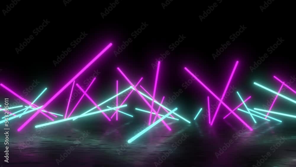 Illuminated interior with neon glowing lamps. 3d rotation seamless loop ...