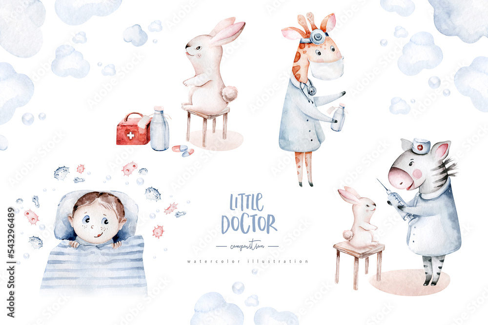 Cute cartoon animal zebra, hippo, giraffe doctor. pediatrics kids boy ...