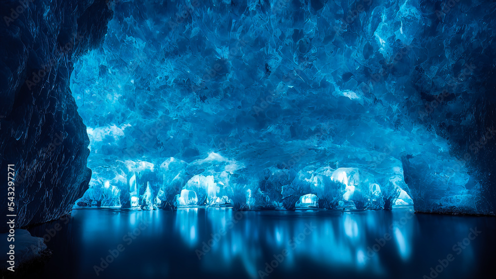 Snow cave. Landscape of night antactis, tunnel and labyrinths in an ice ...
