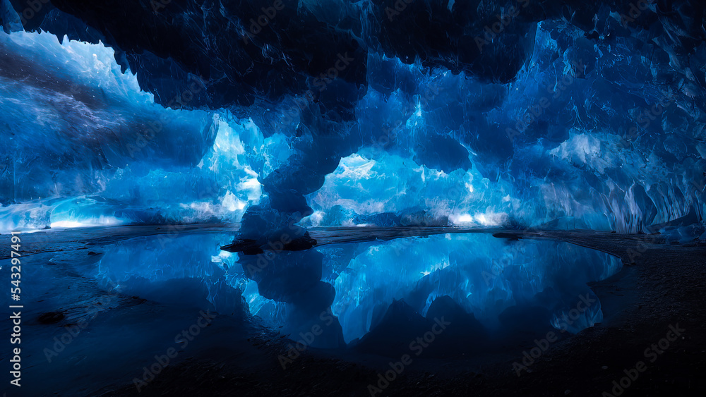 Snow cave. Landscape of night antactis, tunnel and labyrinths in an ice ...